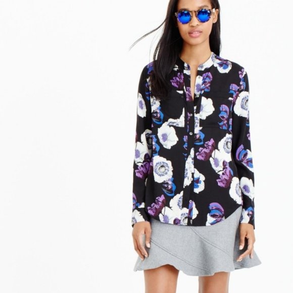 J. Crew | Tops | J Crew Silk Collarless Pocket Top Violet Poppy | Poshmark